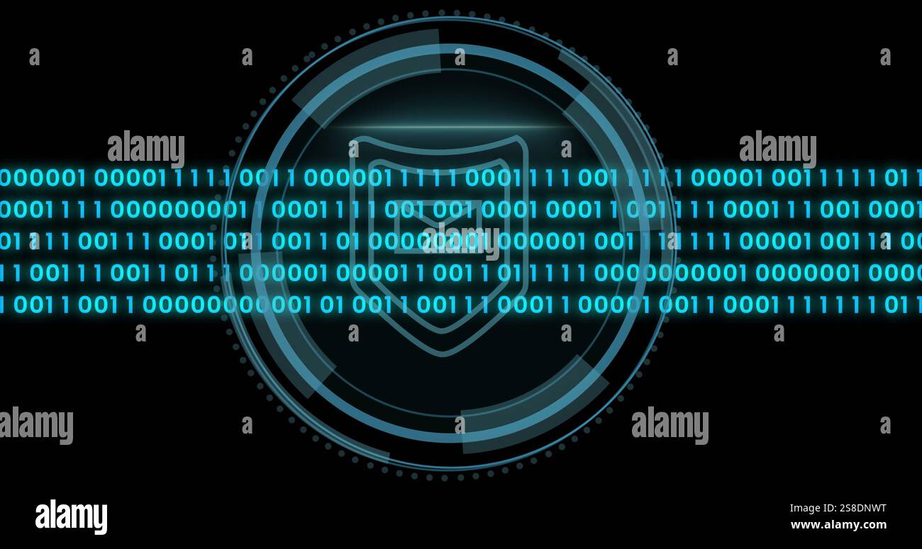 Image of data processing over shield icon and scope scanning Stock Photo - Alamy