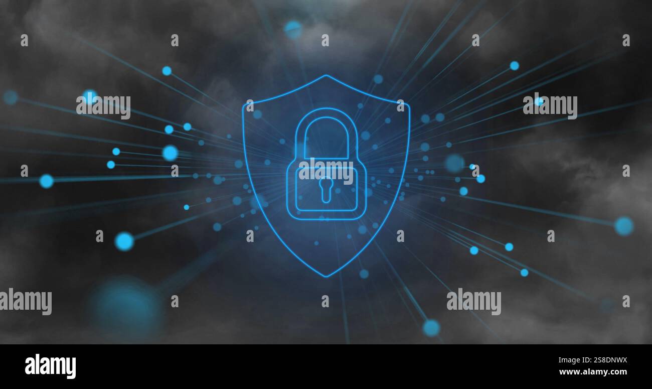 Image of spots and padlock in shield over storm Stock Photo - Alamy