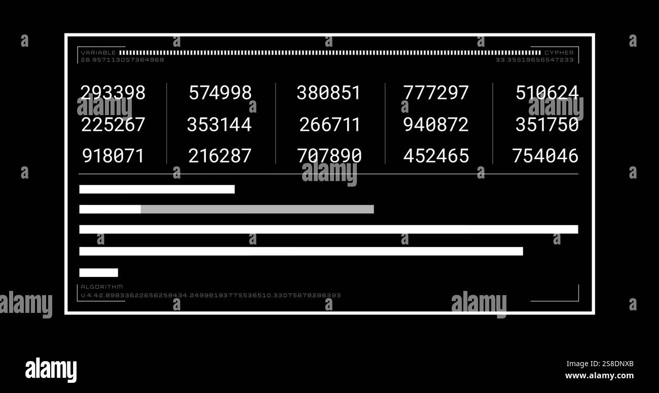 Data processing image with numbers and progress bars on black background Stock Photo - Alamy