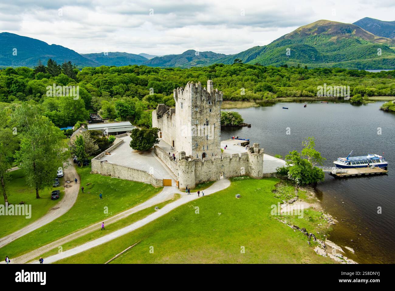 Aerial view of Ross Castle, 15th-century tower house and keep on the ...