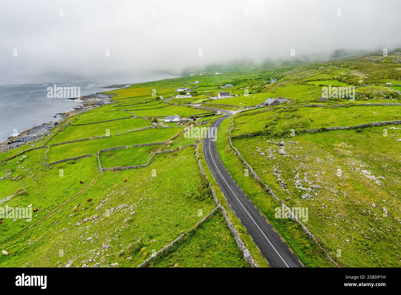 Spectacular misty aerial landscape in the Burren region of County Clare ...