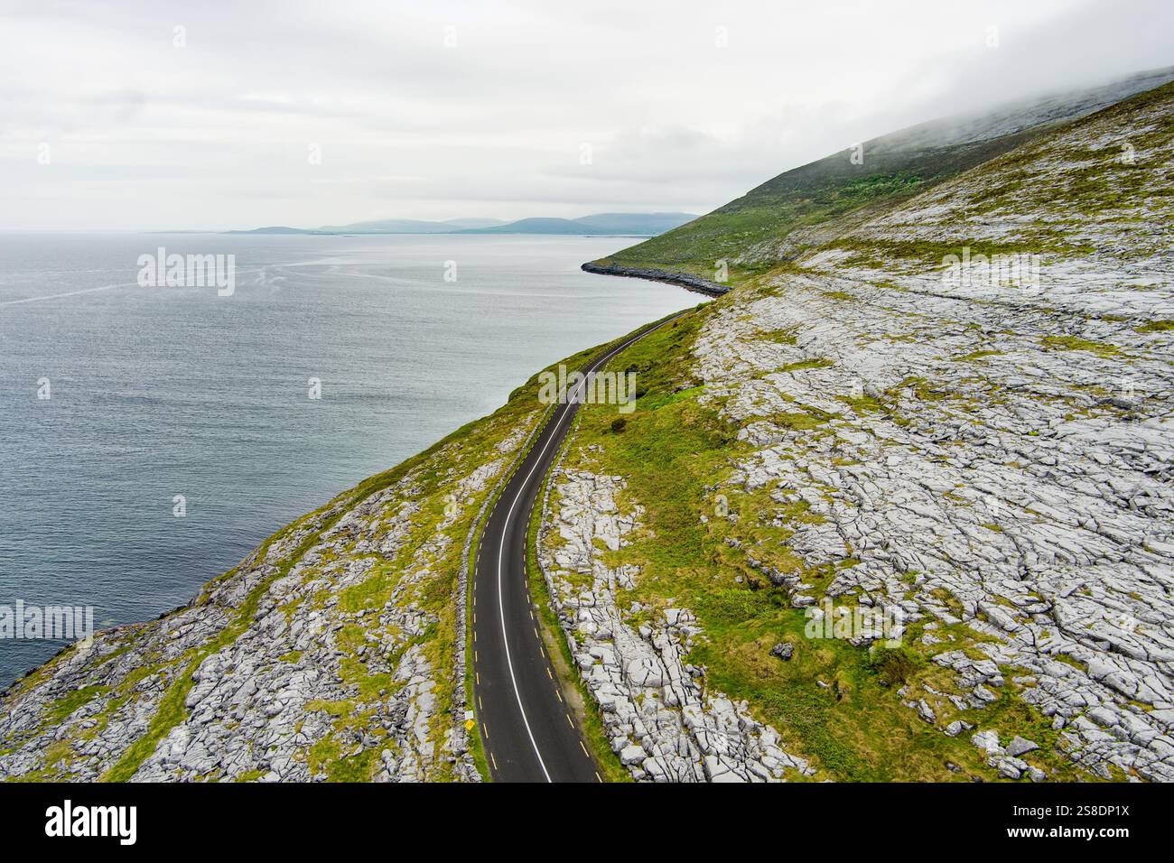 Spectacular misty aerial landscape in the Burren region of County Clare ...