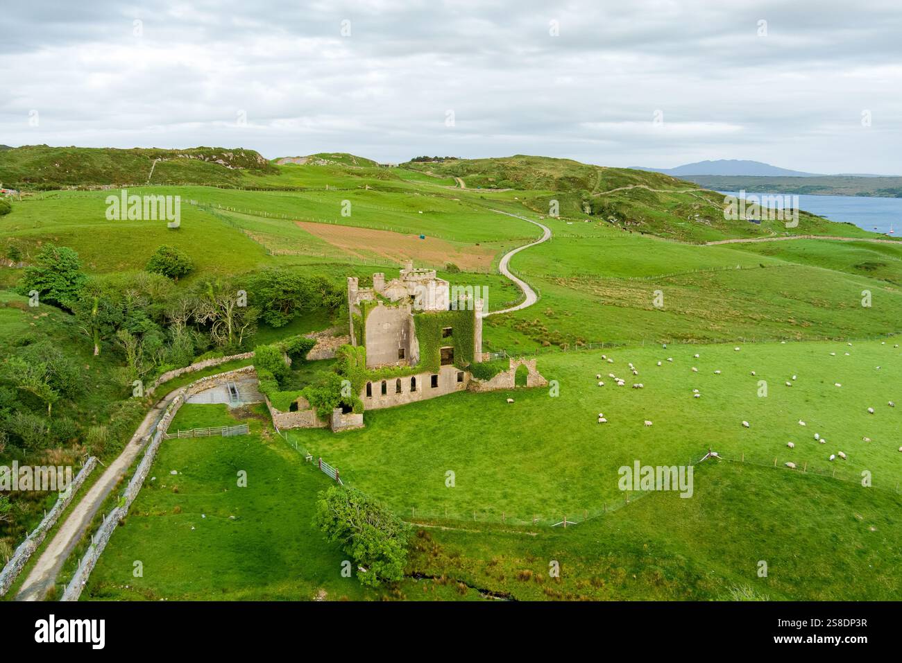 Aerial view of Clifden Castle, ruined manor house, standing on famous ...