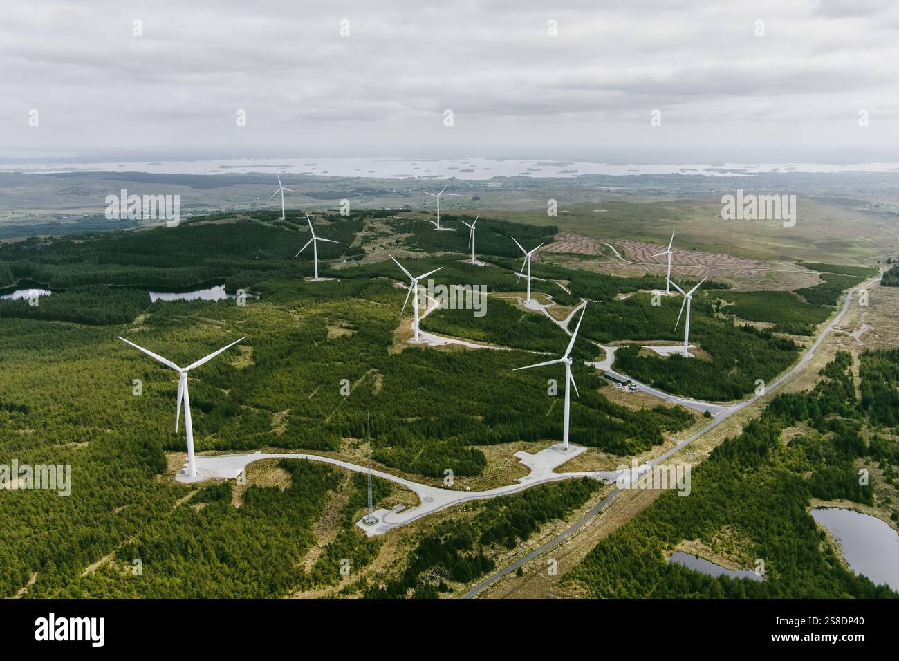 Connemara aerial landscape with wind turbines of Galway Wind Park ...
