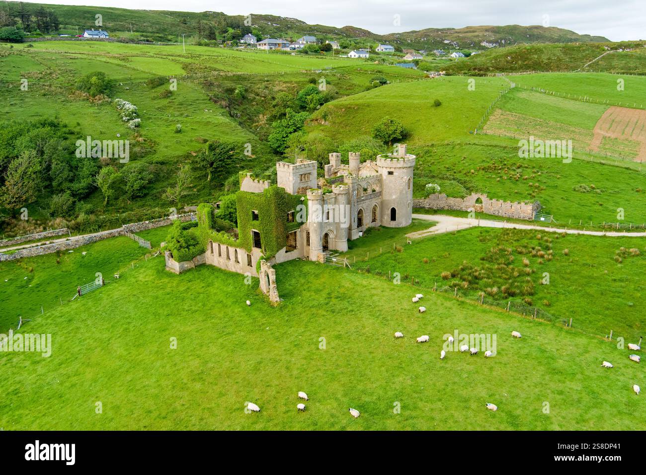 Aerial view of Clifden Castle, ruined manor house, standing on famous ...