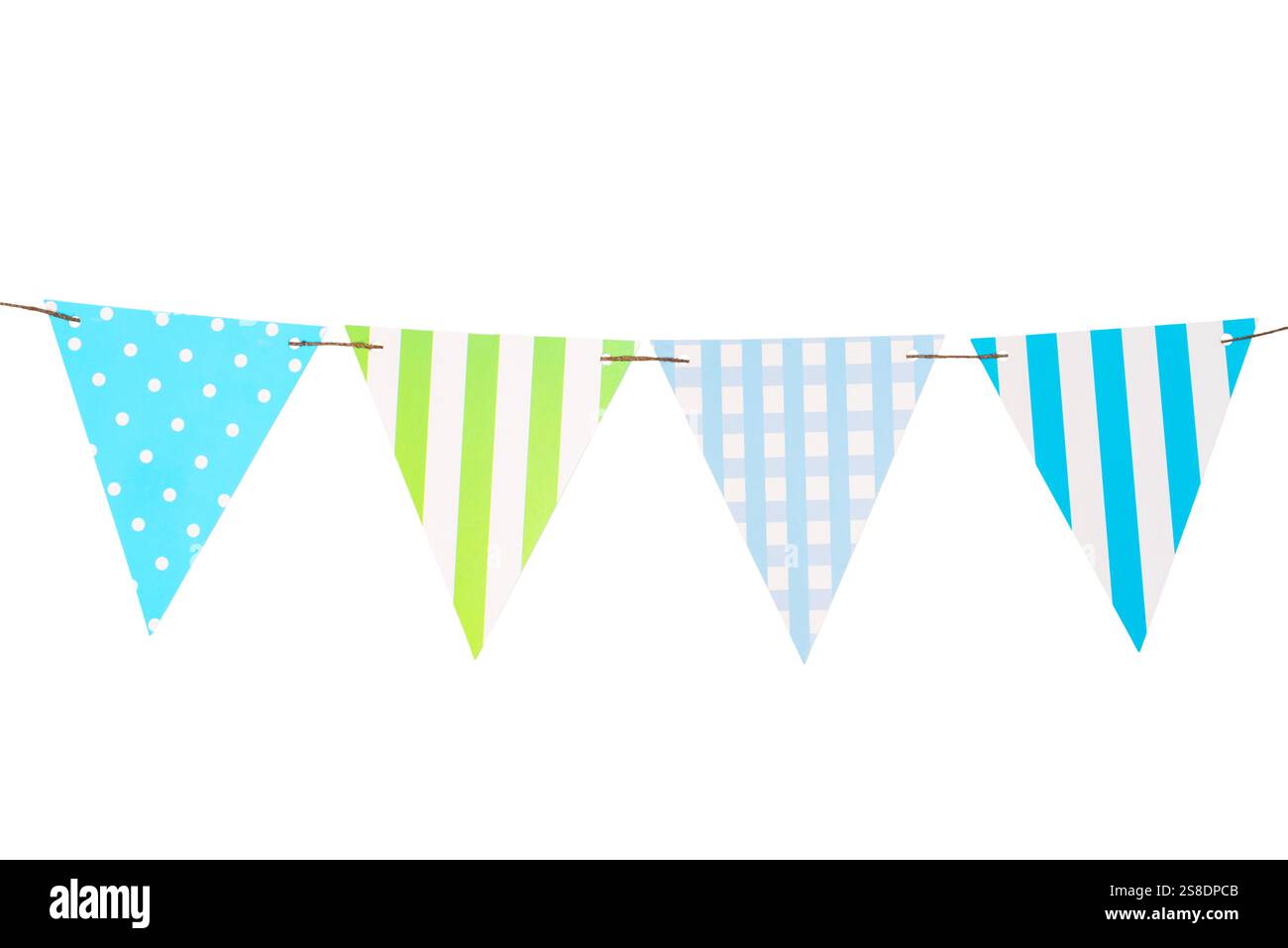 Festive garland of triangular paper blue flags isolated on a white ...