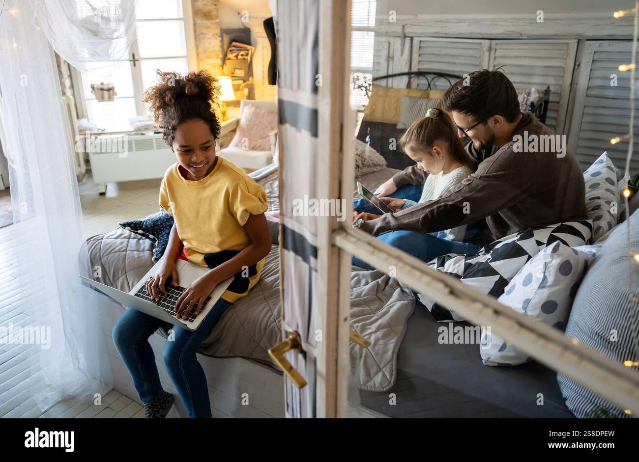 African american school pupil girl virtual distance learning online watching remote digital ...