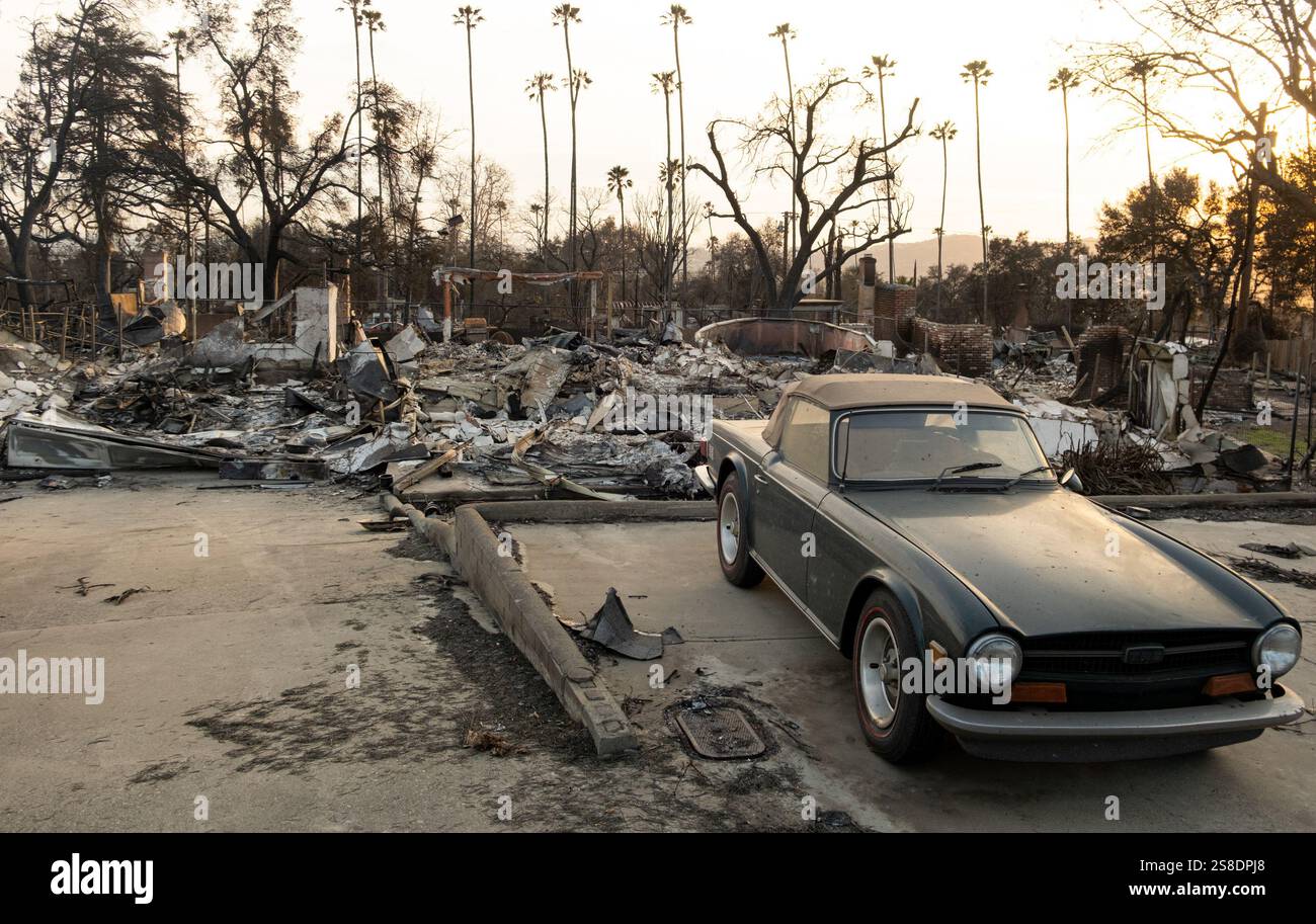 Altadena, USA. 21st Jan, 2025. Triumph TR6 left on the driveway of a ...