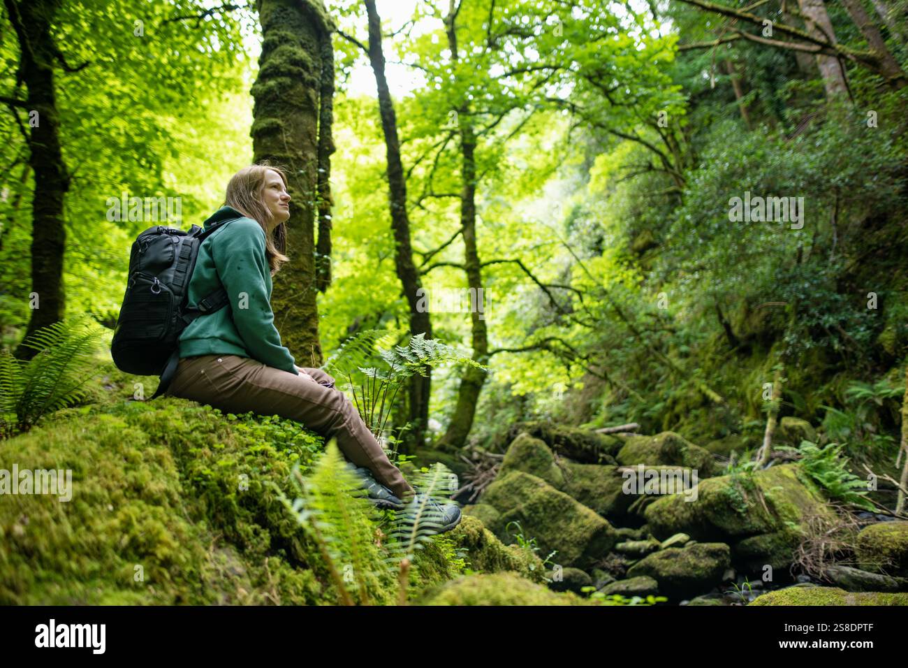 Tourist admiring small waterfalls near Torc Waterfall, one of most ...