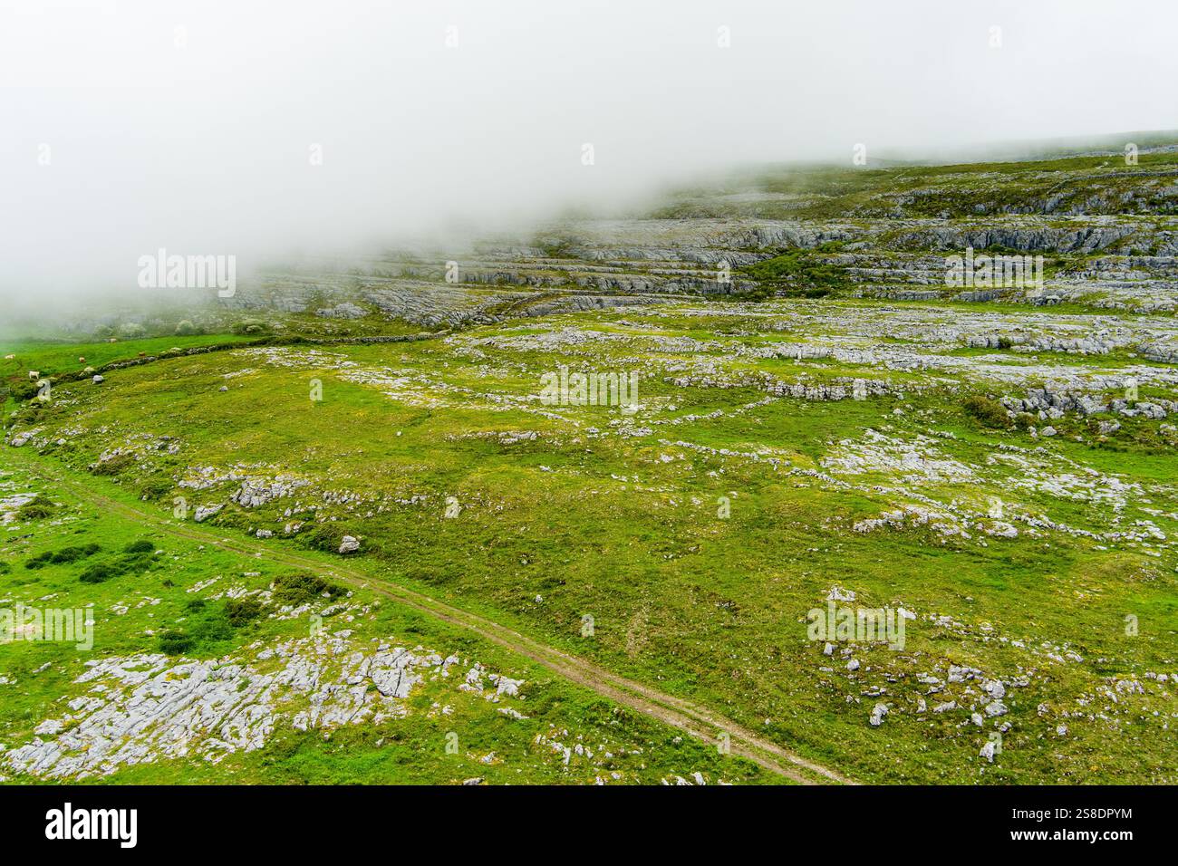 Spectacular misty aerial landscape in the Burren region of County Clare ...