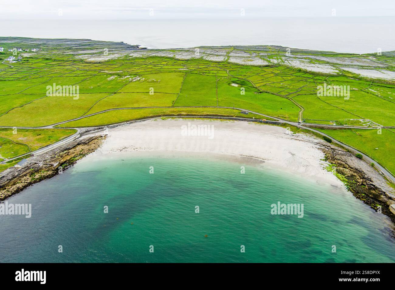 Aerial view of the wide sandy Kilmurvey Beach on Inishmore, the largest ...
