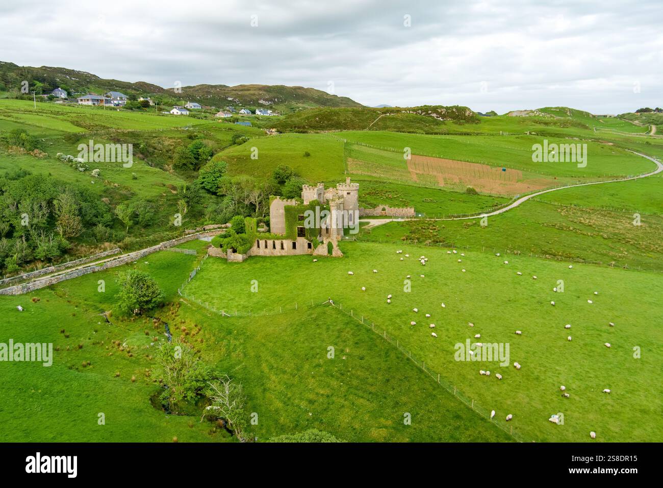 Aerial view of Clifden Castle, ruined manor house, standing on famous ...