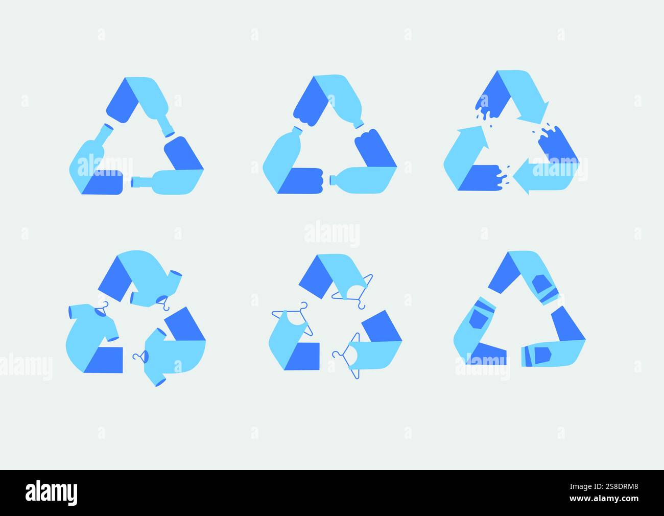 Waste, plastic, clothes recycling symbols drawing with blue on white ...