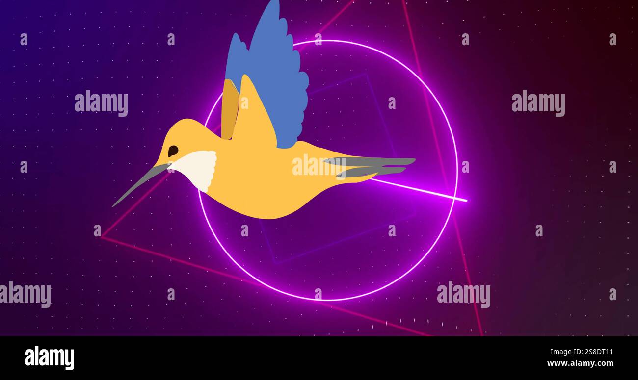 Image of bird icon over neon shapes moving on black background Stock ...
