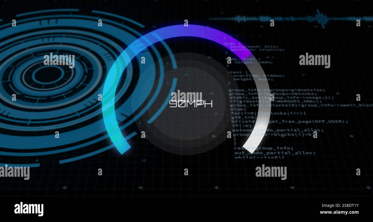 Image Of Digital Speedometer Over Circular Scanner And Processing Data