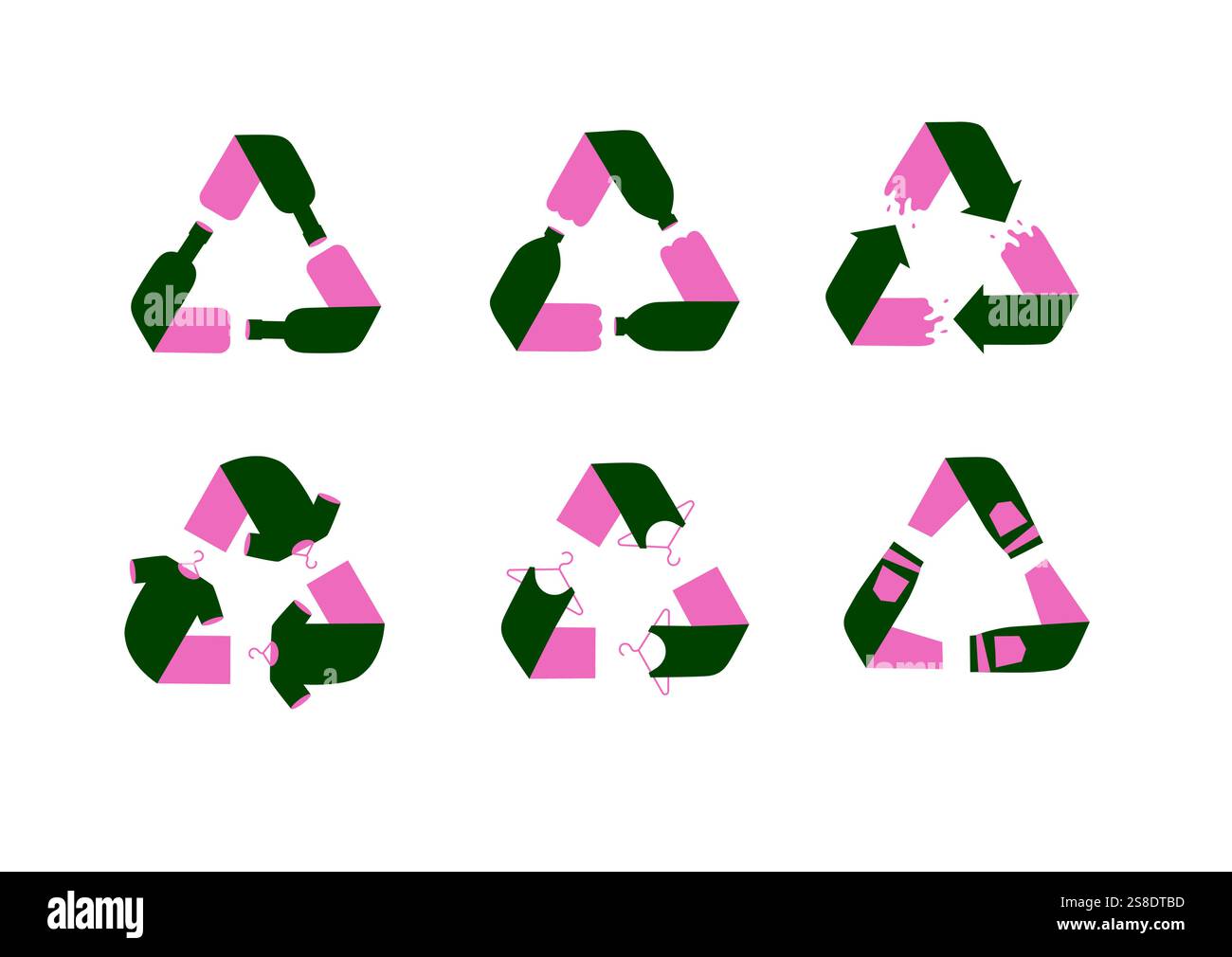 Waste, plastic, clothes recycling symbols drawing with green and pink ...