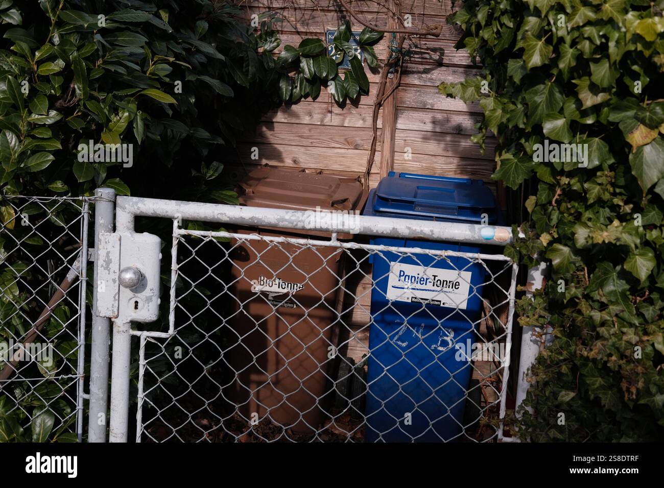 Biotonne und Papiertonne im Vorgarten hinter Zaun Biotonne und ...