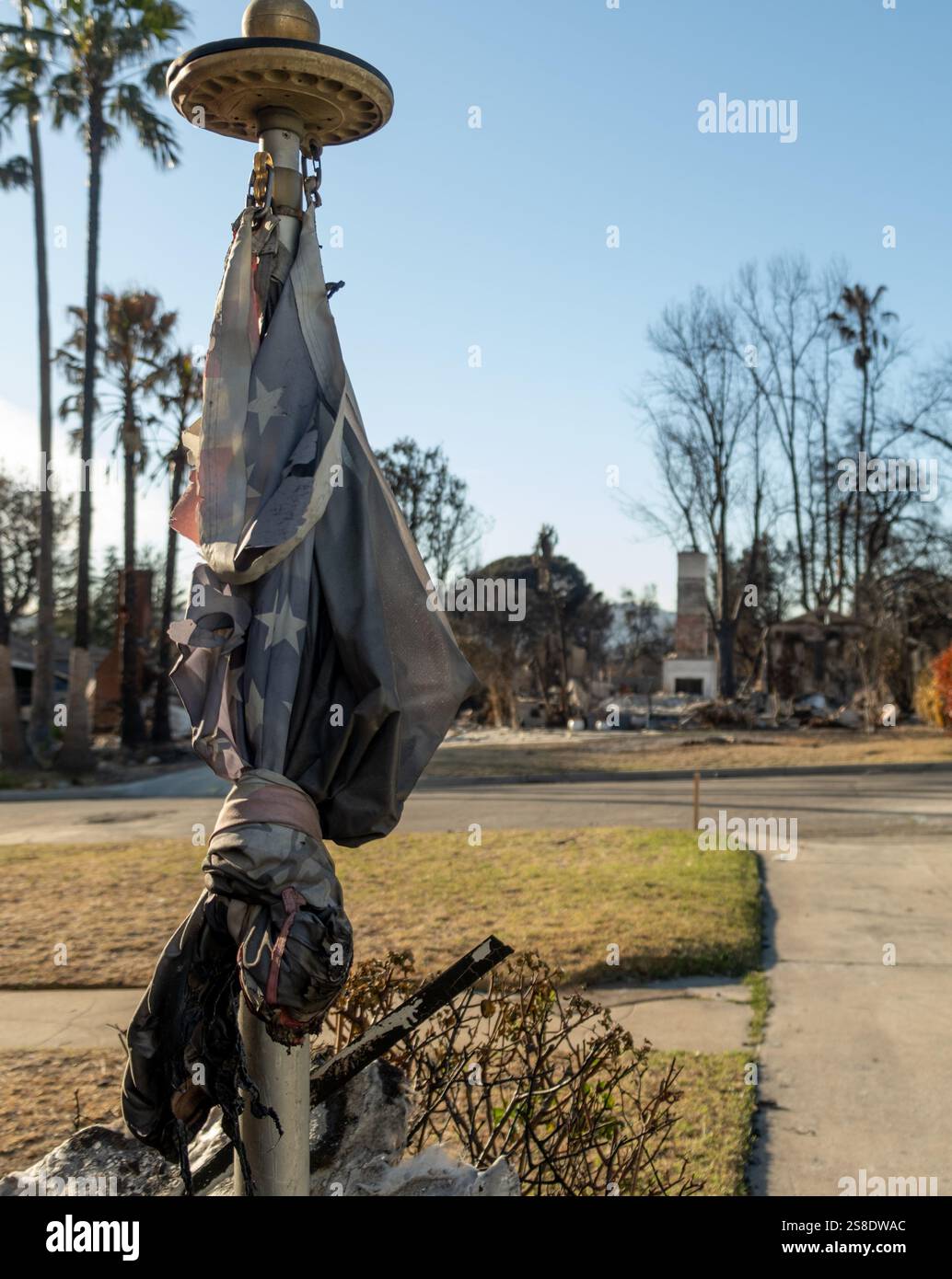 Altadena, USA. 21st Jan, 2025. Charred American flag is tied to its ...