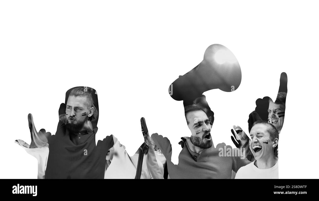 Group of sports fans cheering together with abstract overlays of hands ...