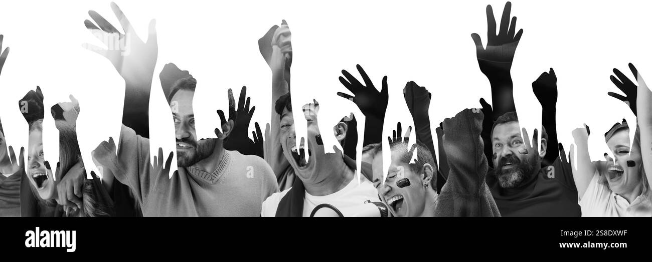 Excited group of sports fans cheering and supporting with raised hands ...
