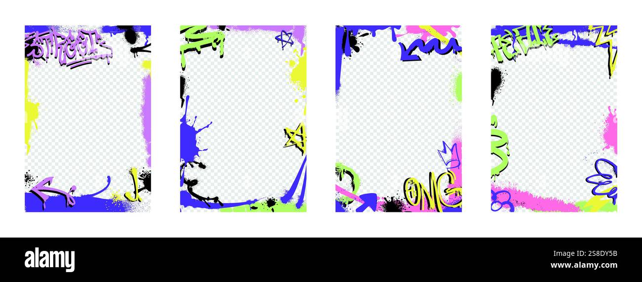 Abstract graffiti border or frame with spray paint stickers, urban ...