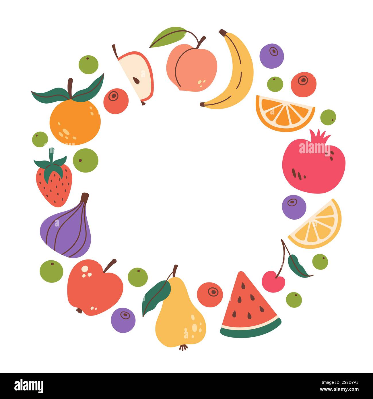Cute fruits and berries round frame in doodle style. Vector ...