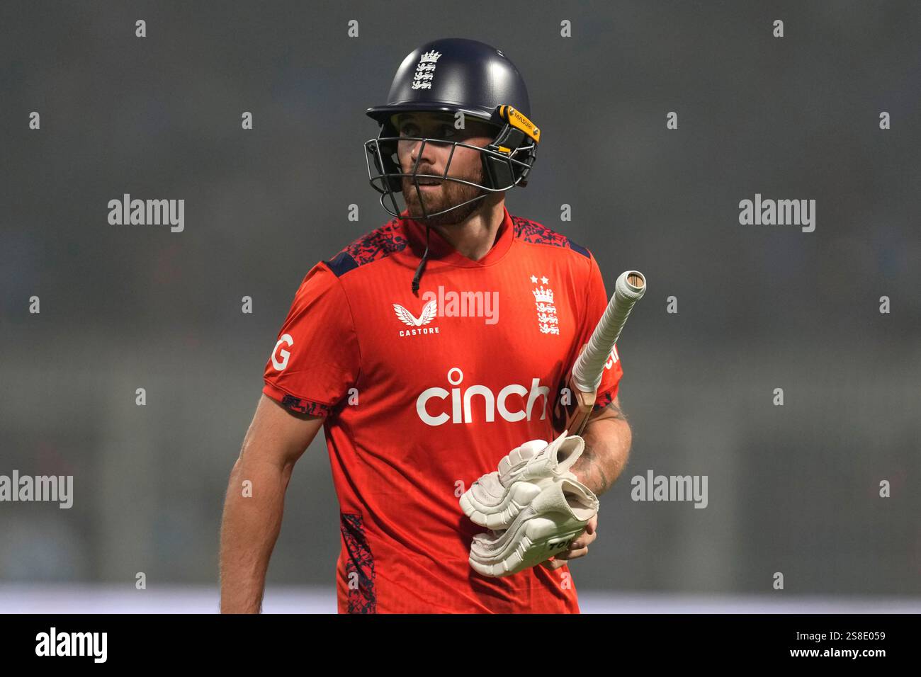 England's Phil Salt walks off the field after losing his wicket during ...