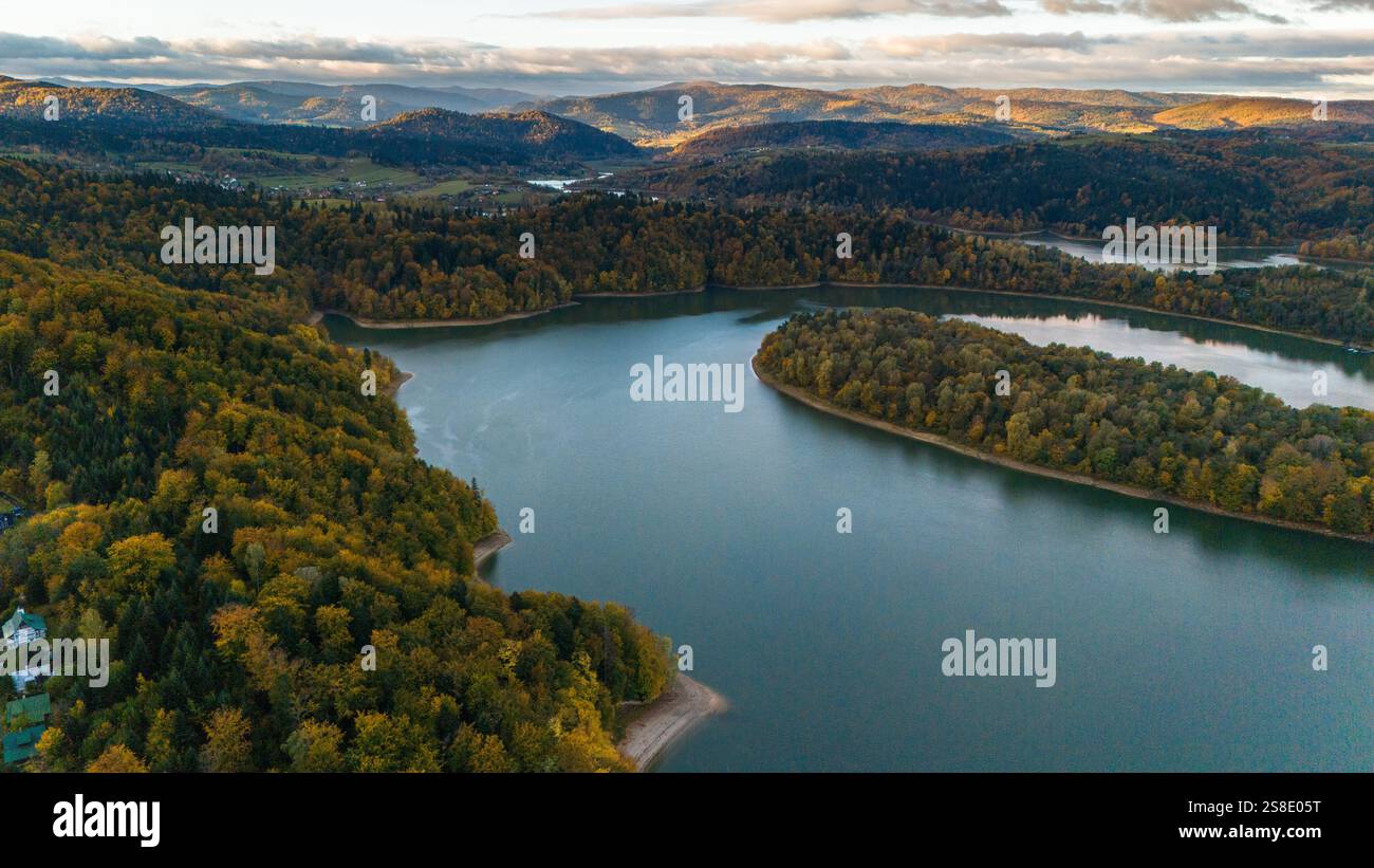 Scenic Drone Perspective of Solina Lake and Colorful Fall Landscape ...