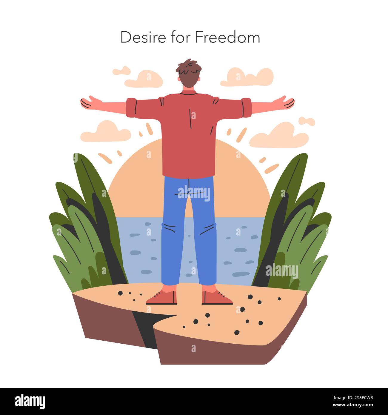 Man embracing new beginnings on a cliff edge overlooking sunrise. A ...
