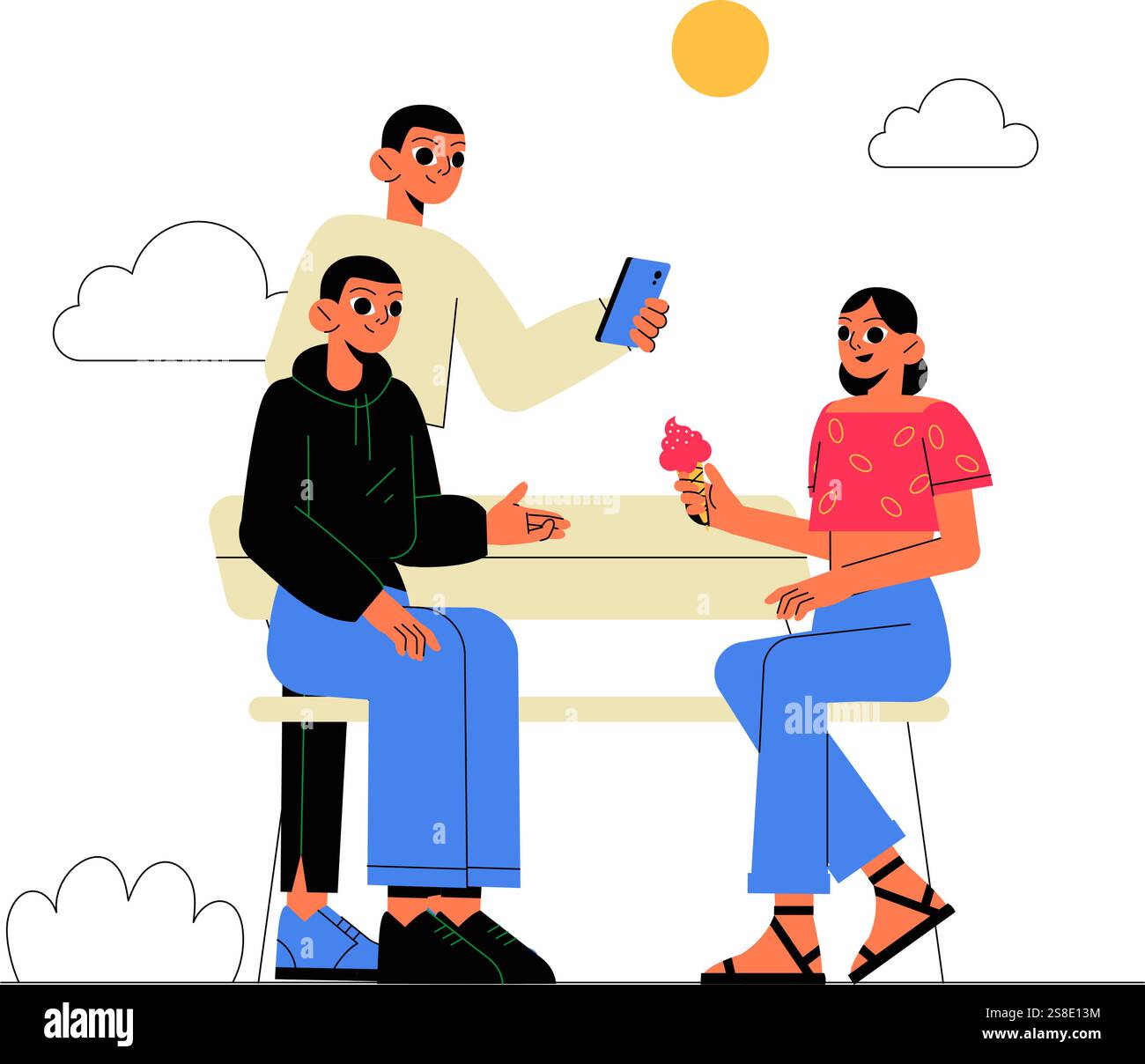 Group Of Friends Sitting On Park Bench Socializing With Smartphone In ...