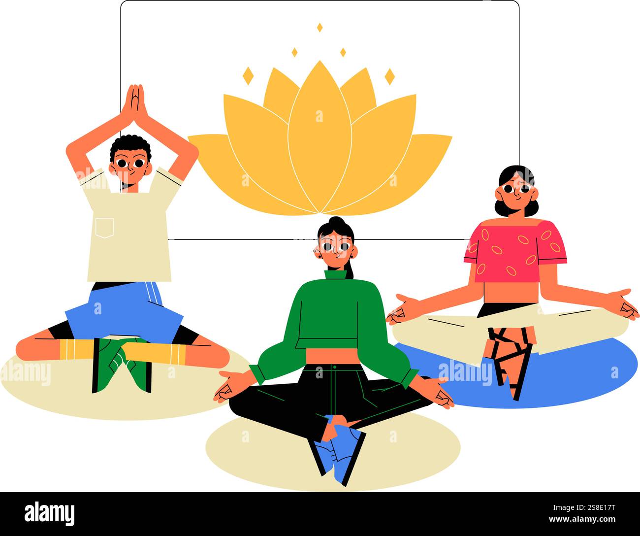 Group Meditating In Flat Vector Illustration Symbolizing Relaxation ...