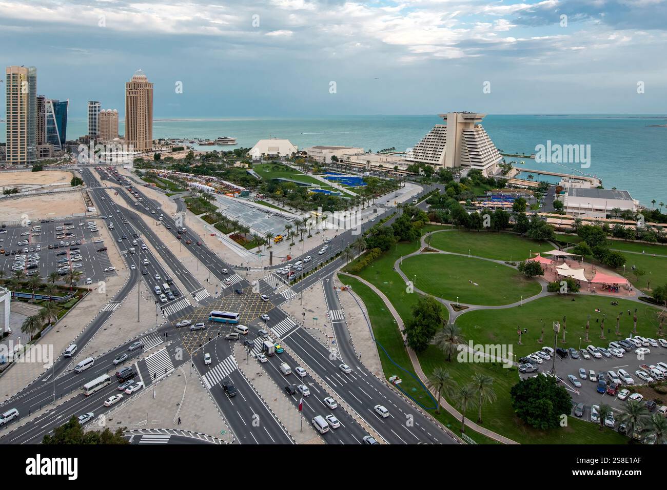 Beautiful aerial view of Sheraton Grand hotel on West Bay Doha, Qatar ...