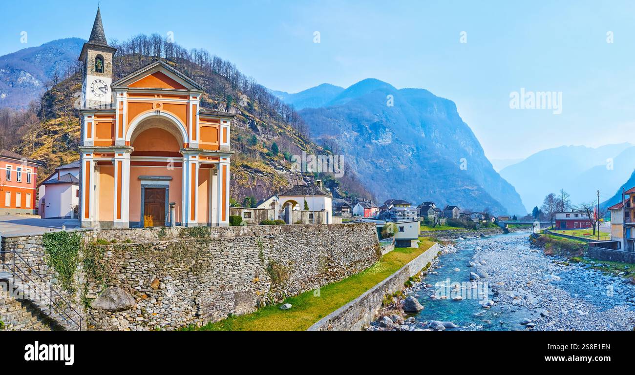 Panorama of Bavona River with San Michele Church of Bignasco village ...