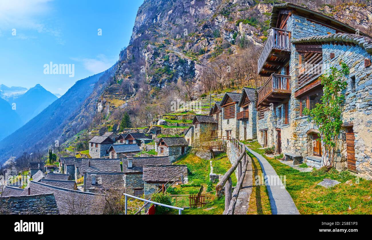 Panorama of terrace Brontallo village with traditional torba stone ...