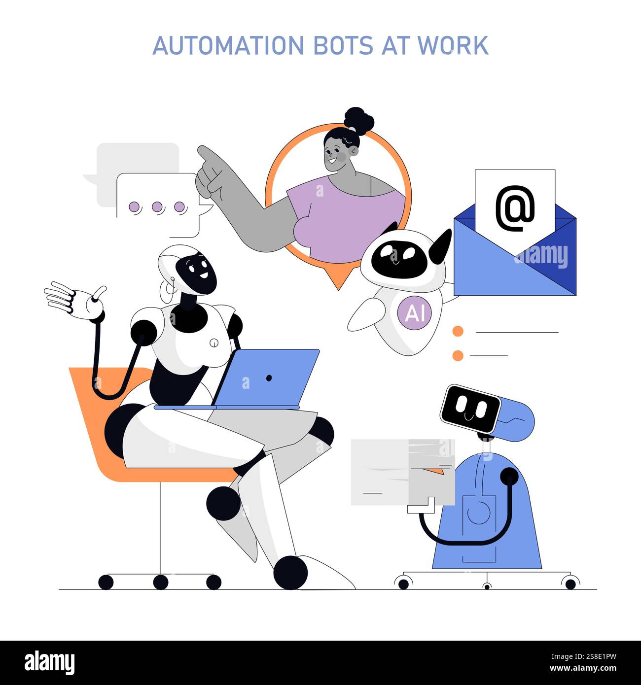 Business Automation concept. Robots managing tasks, streamlining workflow efficiency. Digital ...