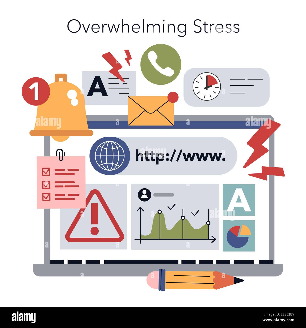 Burnout concept. Overwhelming digital stress from email, notifications ...