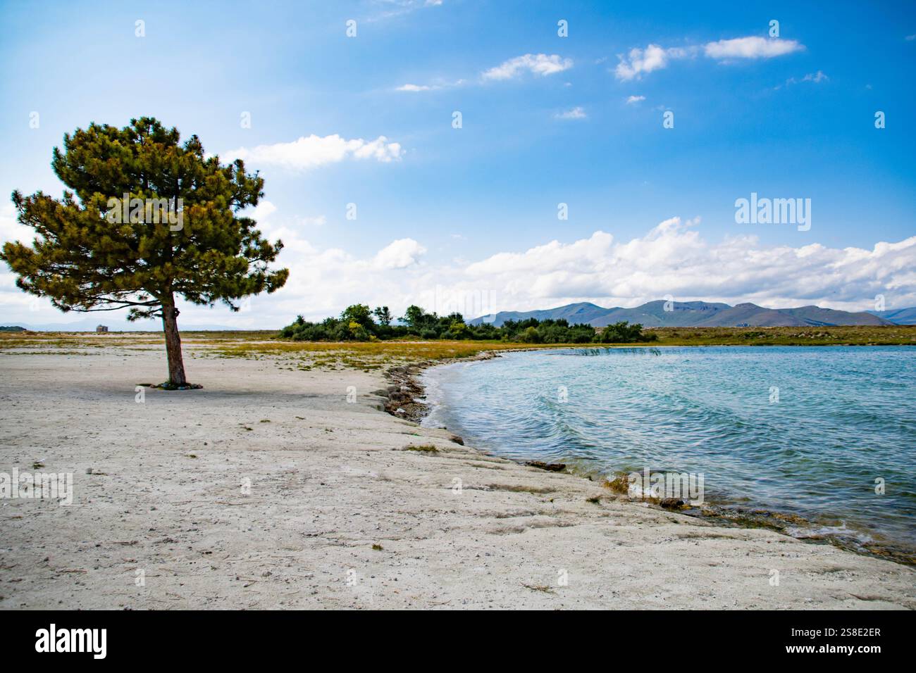 Sandy beach. Seaside vacation, golden beaches. Blue waters of the sea ...