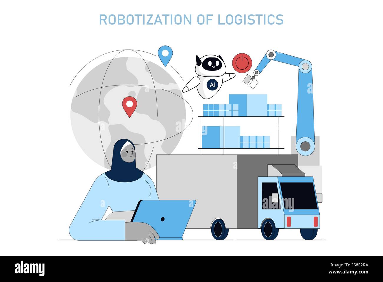 Robotization of Logistics concept. Woman monitors automated global ...