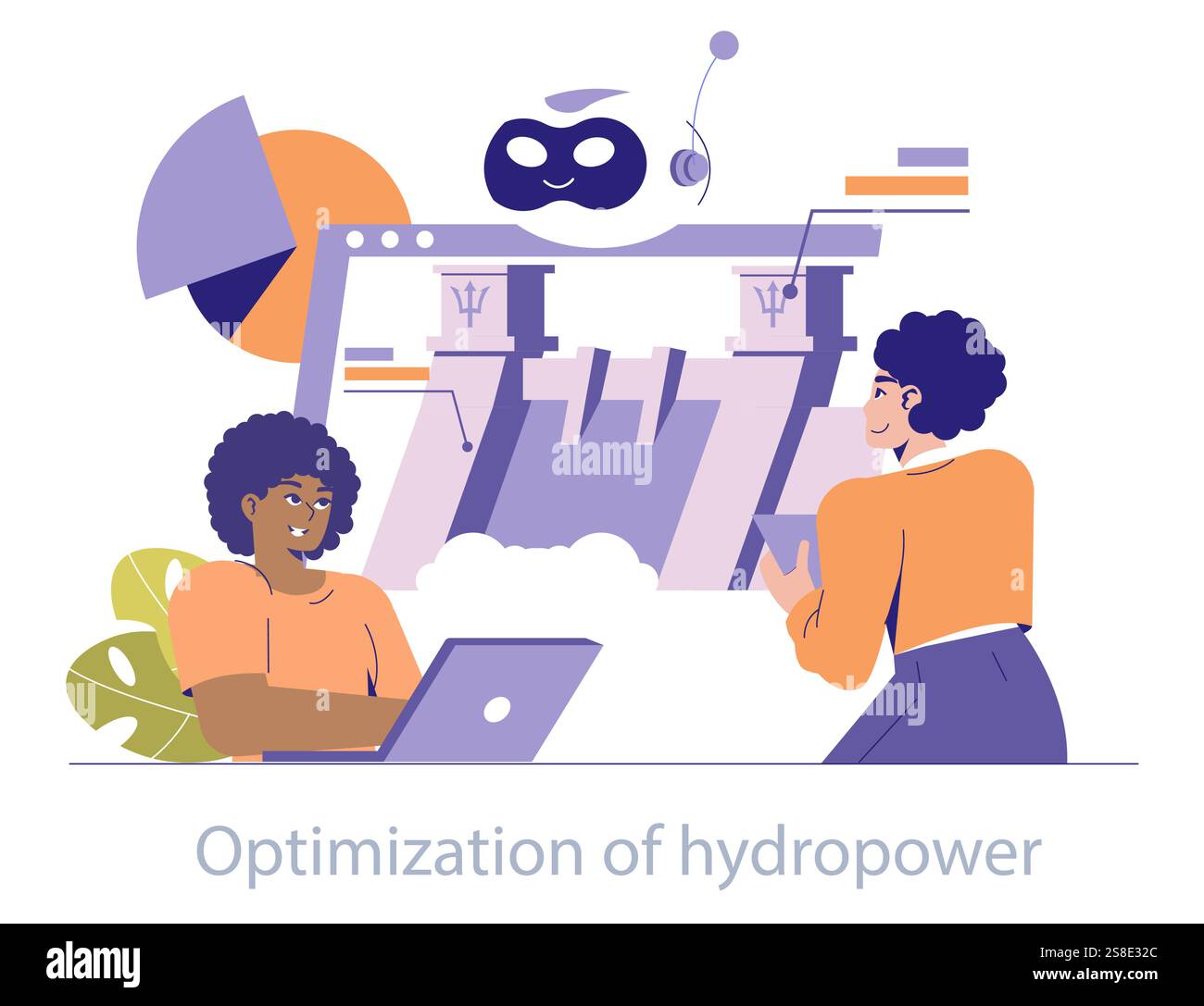 Hydropower concept. Engineers collaborate on dam with renewable energy ...