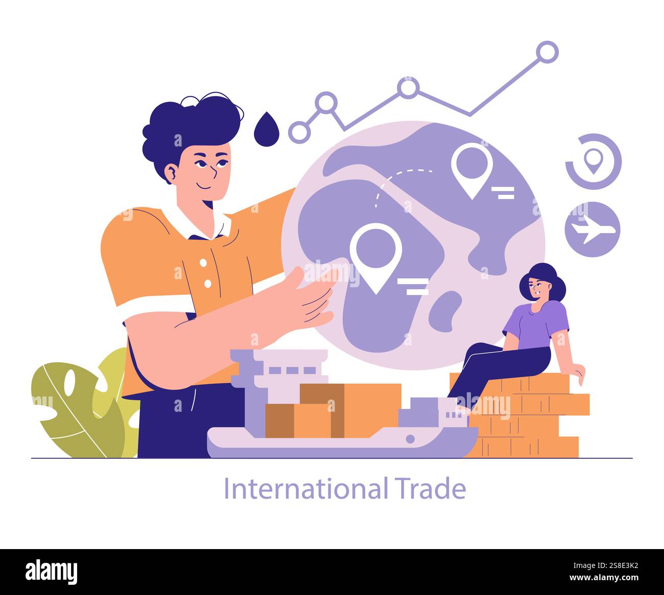 International Trade concept. Animated workers manage global logistics ...