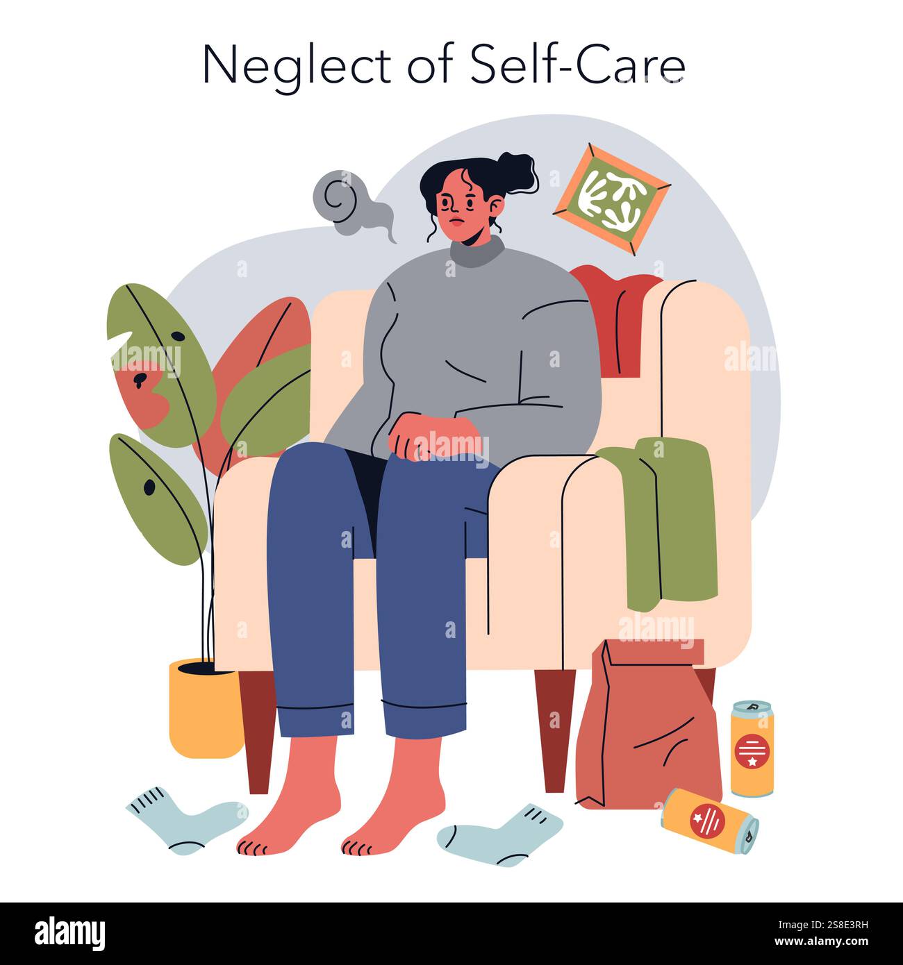 Burnout concept. Illustrated woman experiencing self-care neglect ...