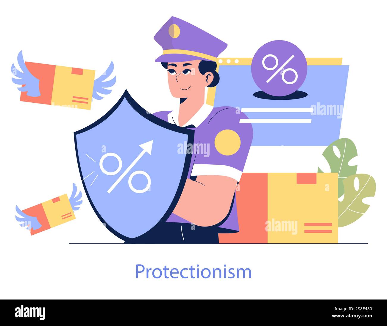 Customs Tariffs concept. Officer wields shield with percentages ...