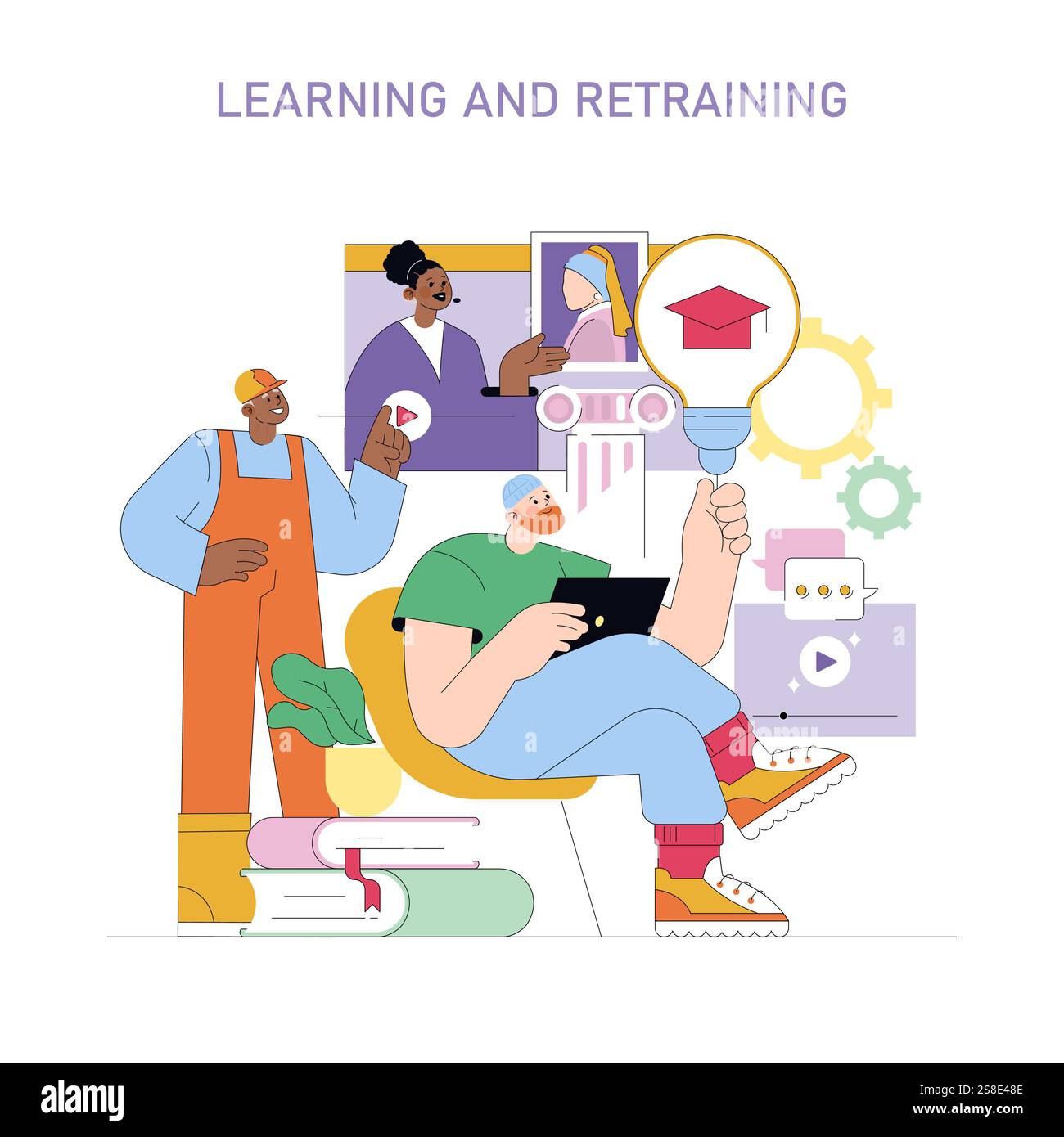 Career change concept. Diverse individuals engage with digital tools for education, symbolizing ...