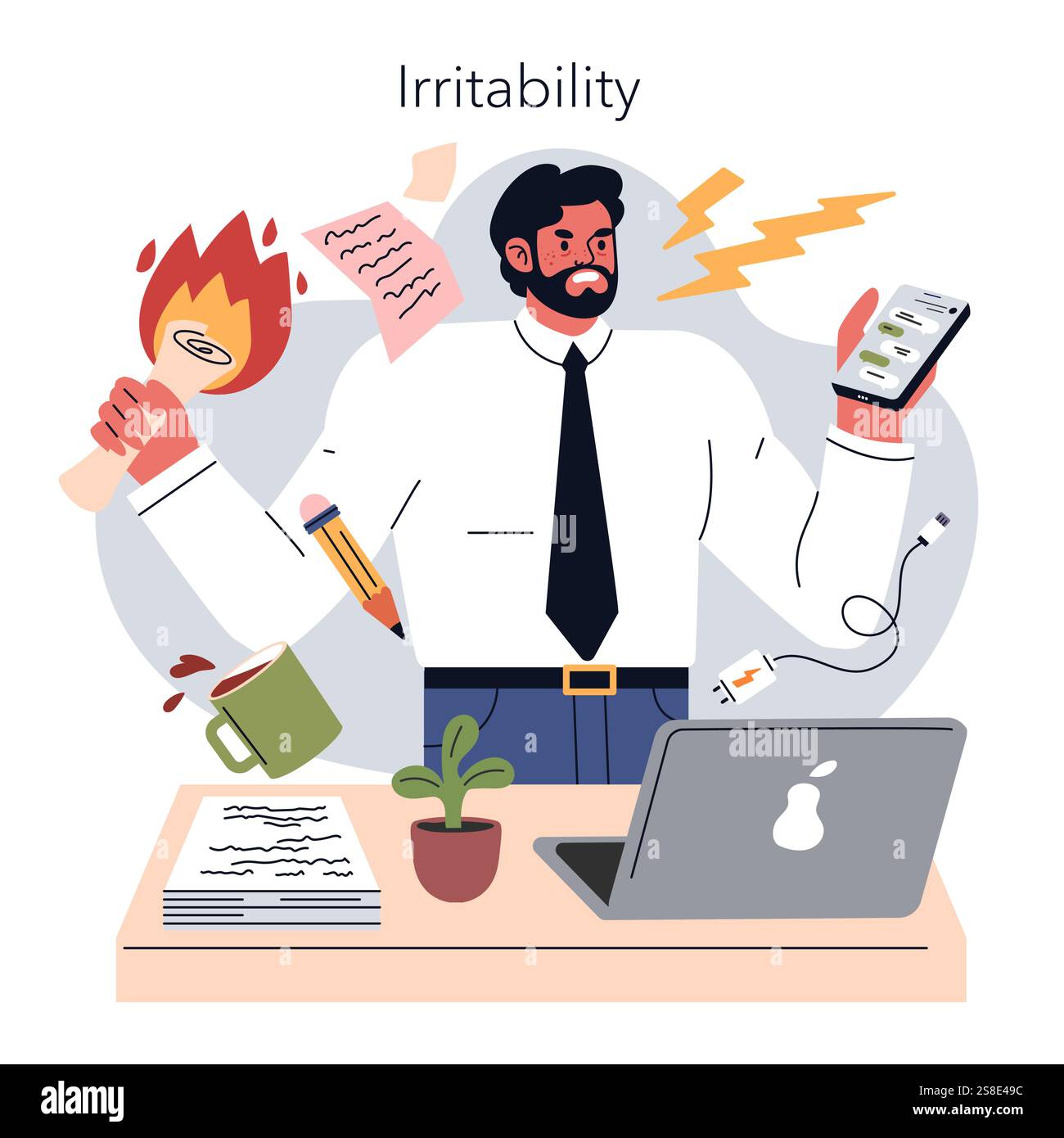 Burnout concept. A man overwhelmed by work tasks exhibits stress and ...