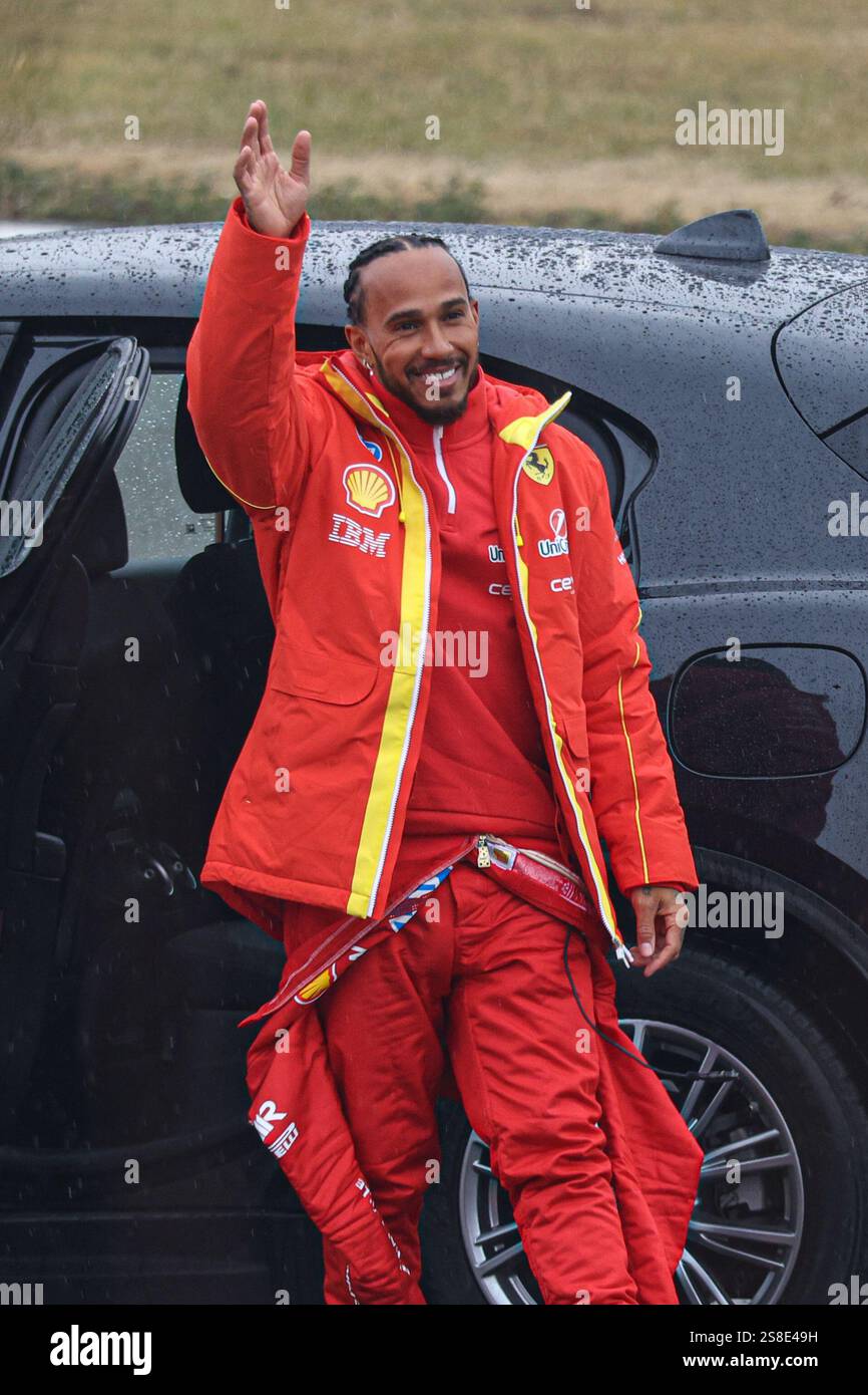 Lewis Hamilton of the UK drives an F1 Ferrari during his first Ferrari ...