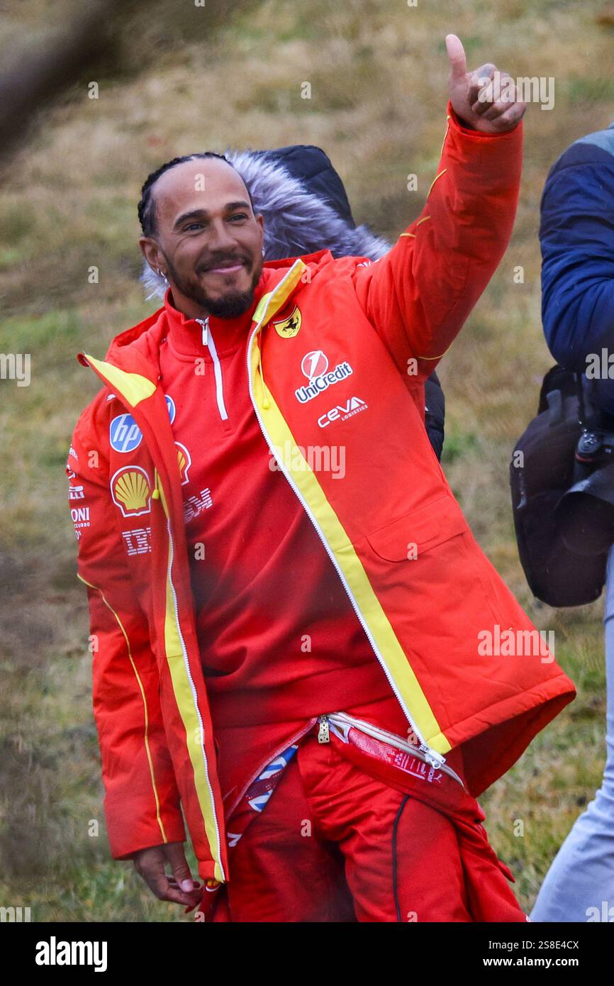 Lewis Hamilton of the UK drives an F1 Ferrari during his first Ferrari ...