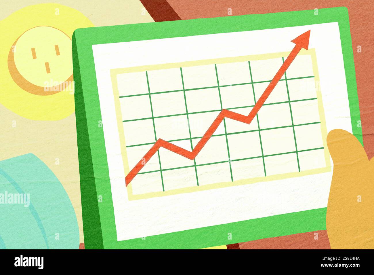 A hand holds a tablet displaying a graph with an upward trend ...