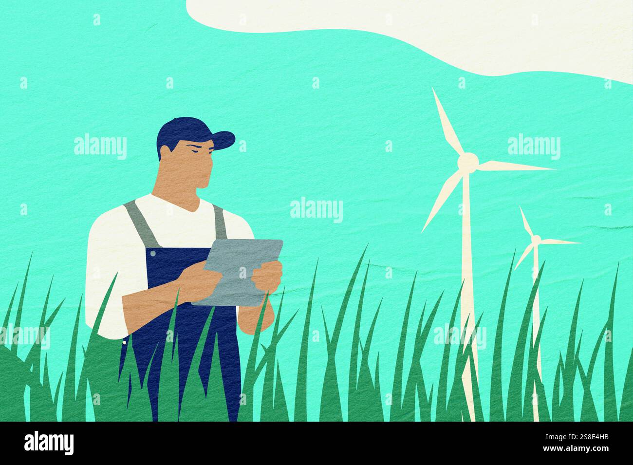 A farmer evaluates renewable energy resources on a wind farm while ...