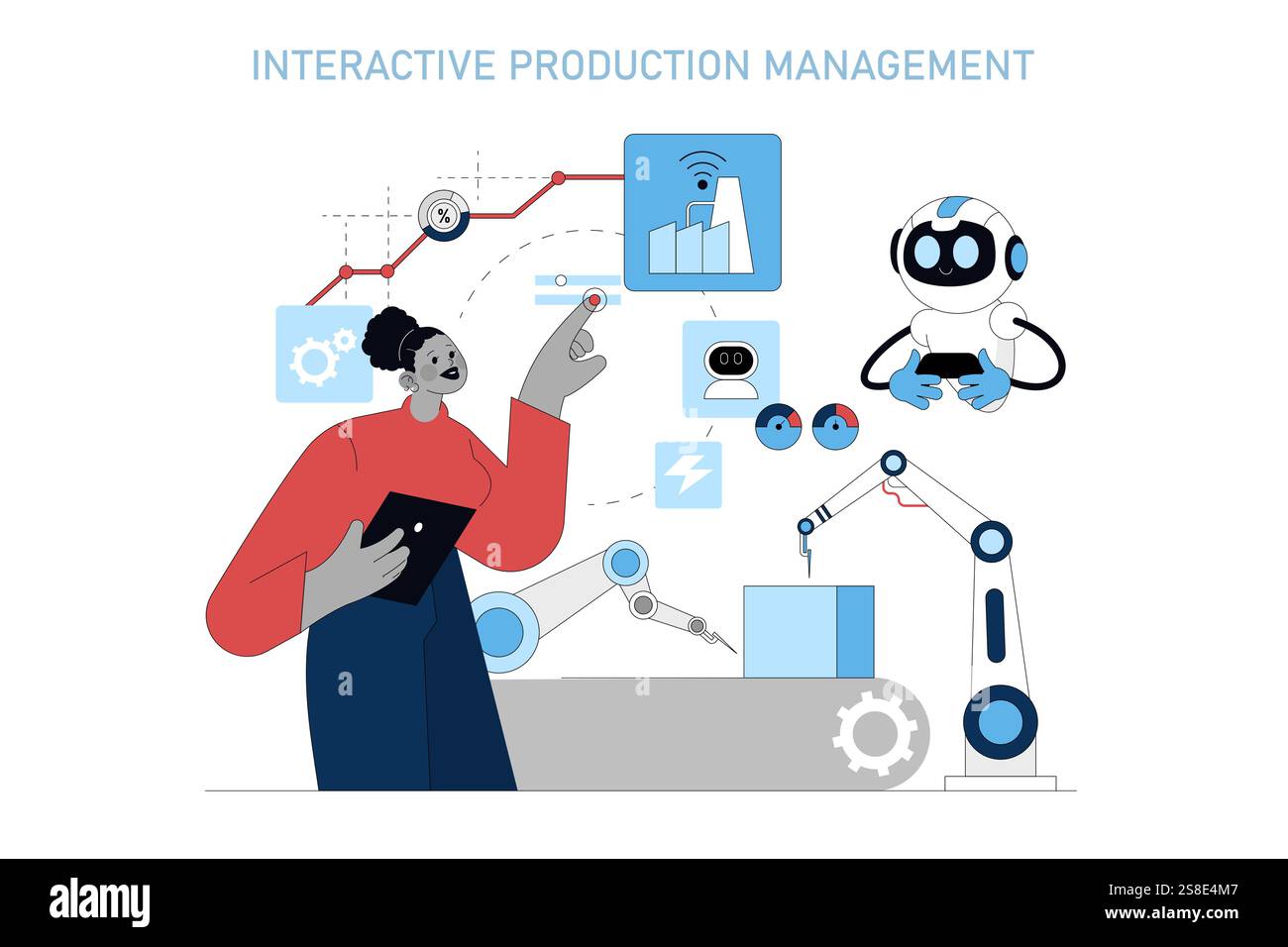 Production Automation Concept Manager Controls A Robotic Manufacturing Line With Sensors And Ai