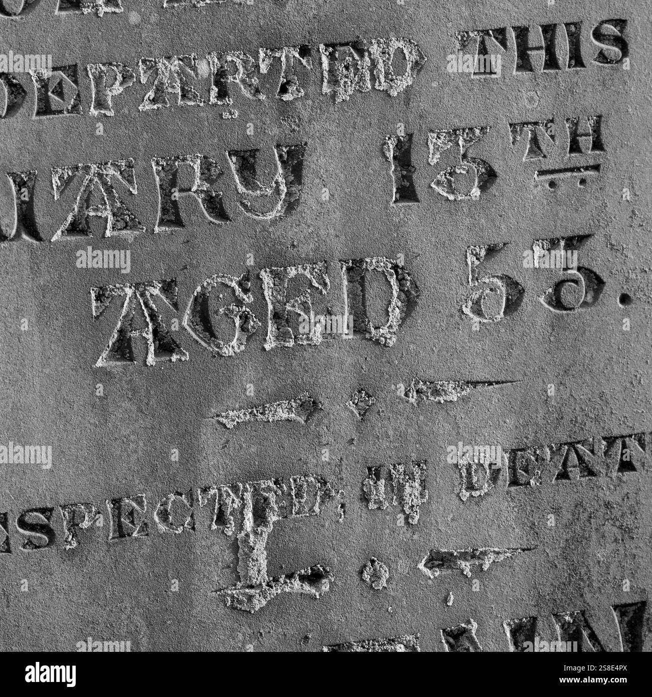 Old gravestone detail, square, black and white Stock Photo - Alamy